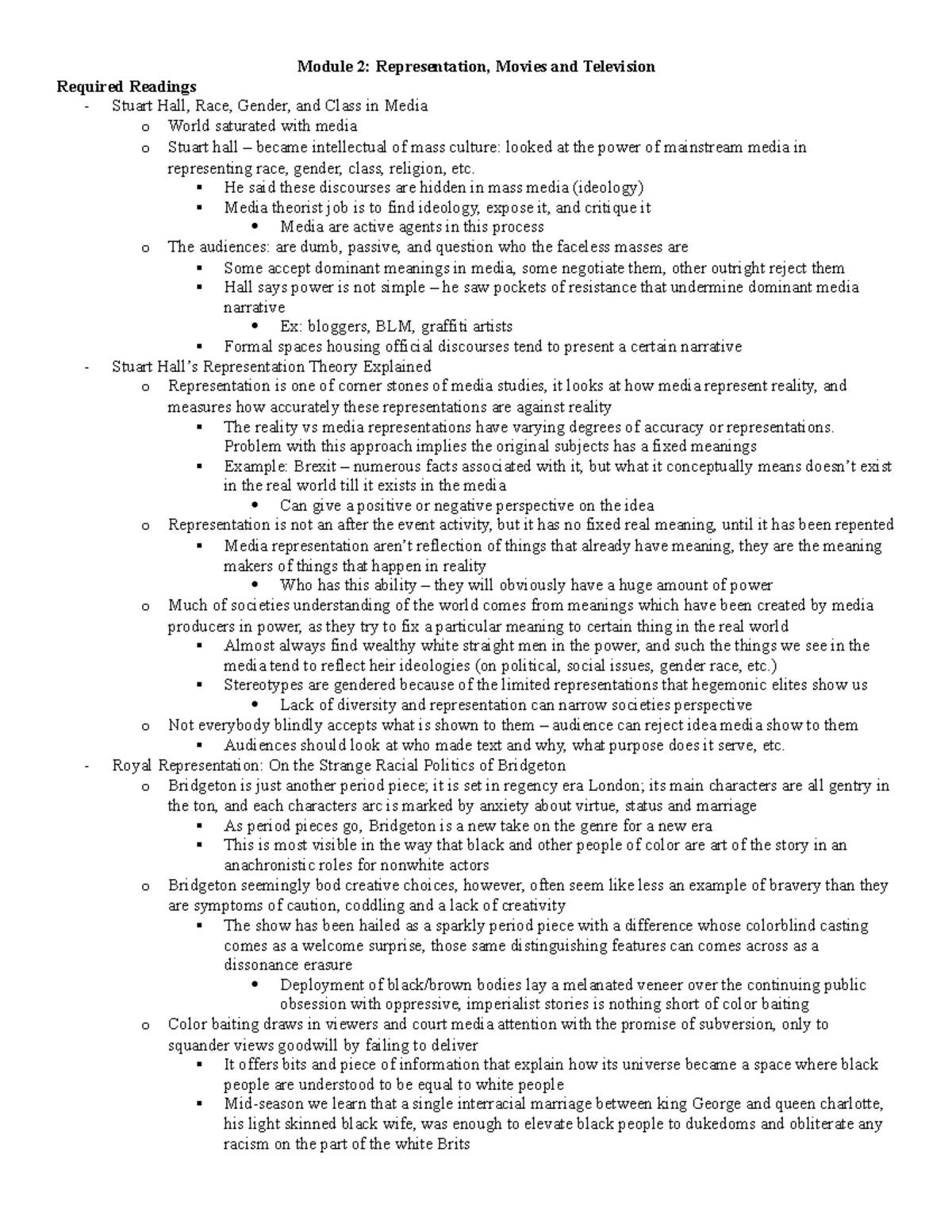 Module 2 Lecture Notes Module 2 Representation Movies And Television Required Readings
