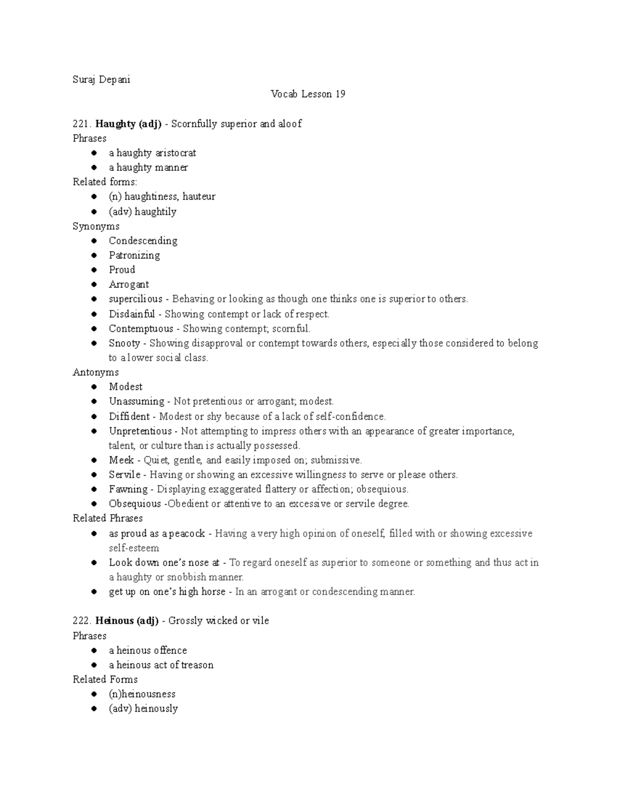 Vocab 19 - Suraj Depani Vocab Lesson 19 Haughty (adj) - Scornfully ...