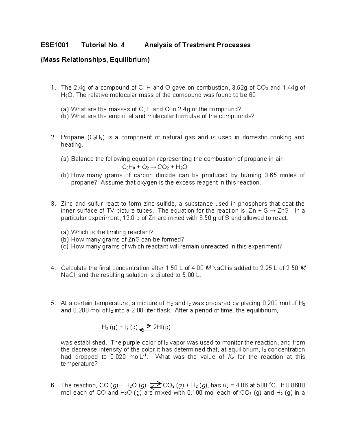 ESE1001 Tutorial No 4 - 4 Analysis of Treatment Processes (Mass Relationships, Equilibrium) The ...