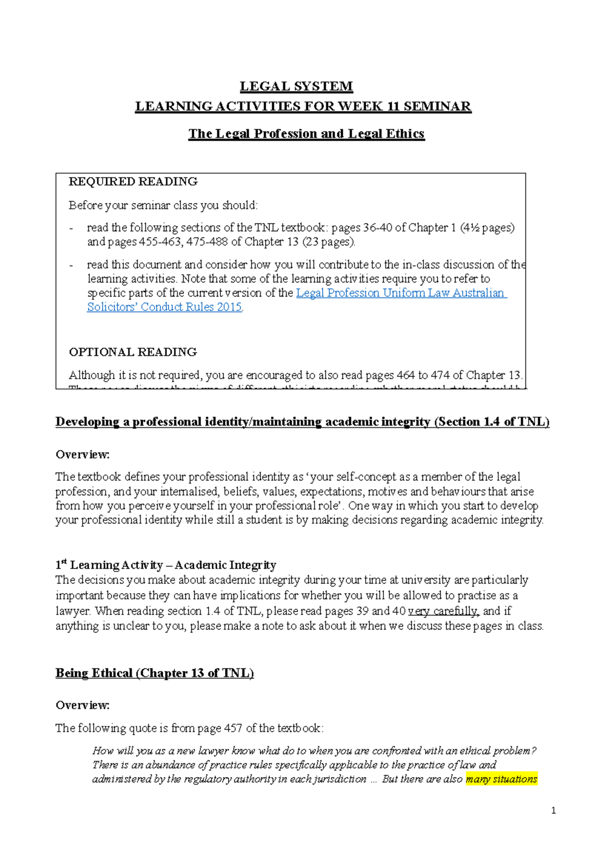 Learning Activities for Week 11 Seminar - LEGAL SYSTEM LEARNING ...