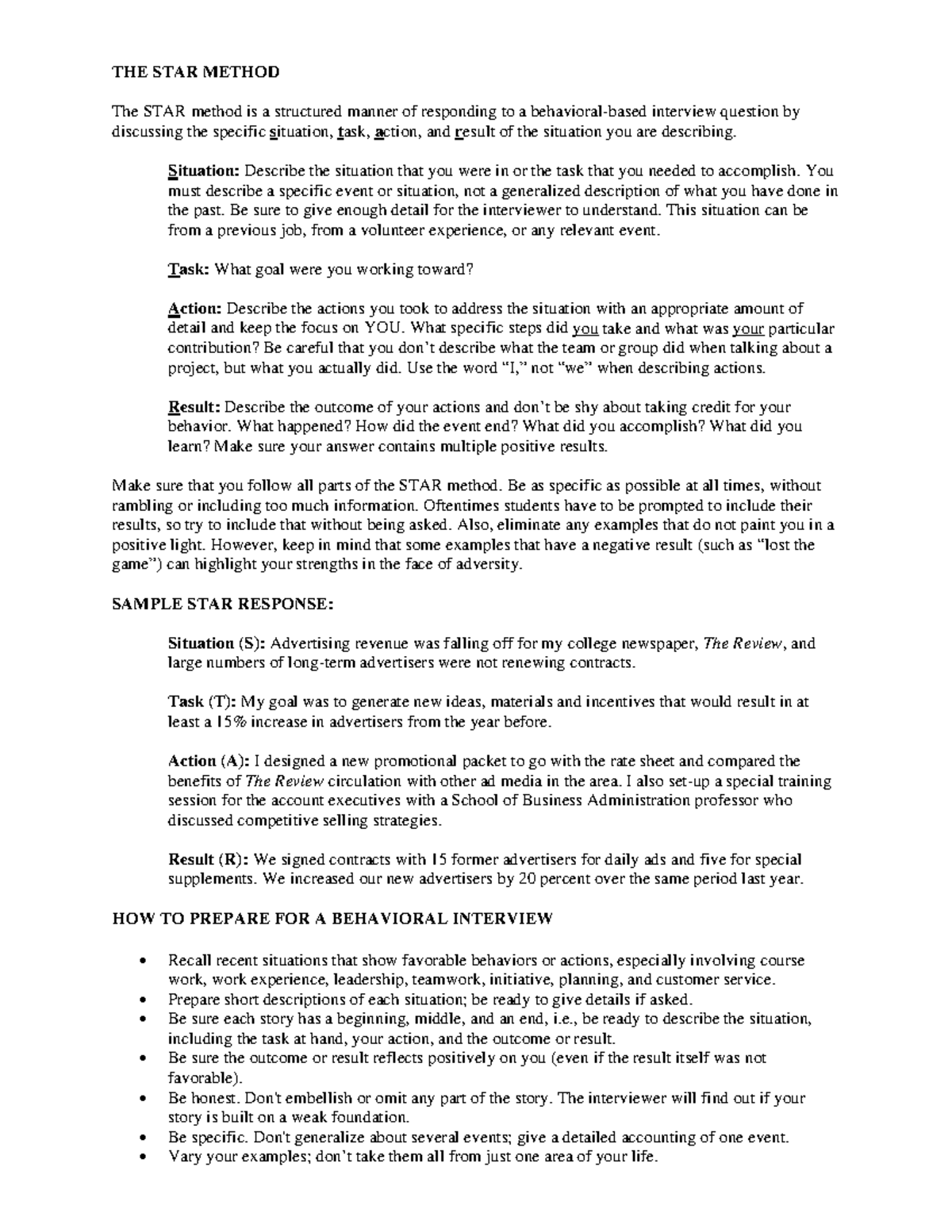 STAR Method Interview Overview - THE STAR METHOD The STAR method is a ...