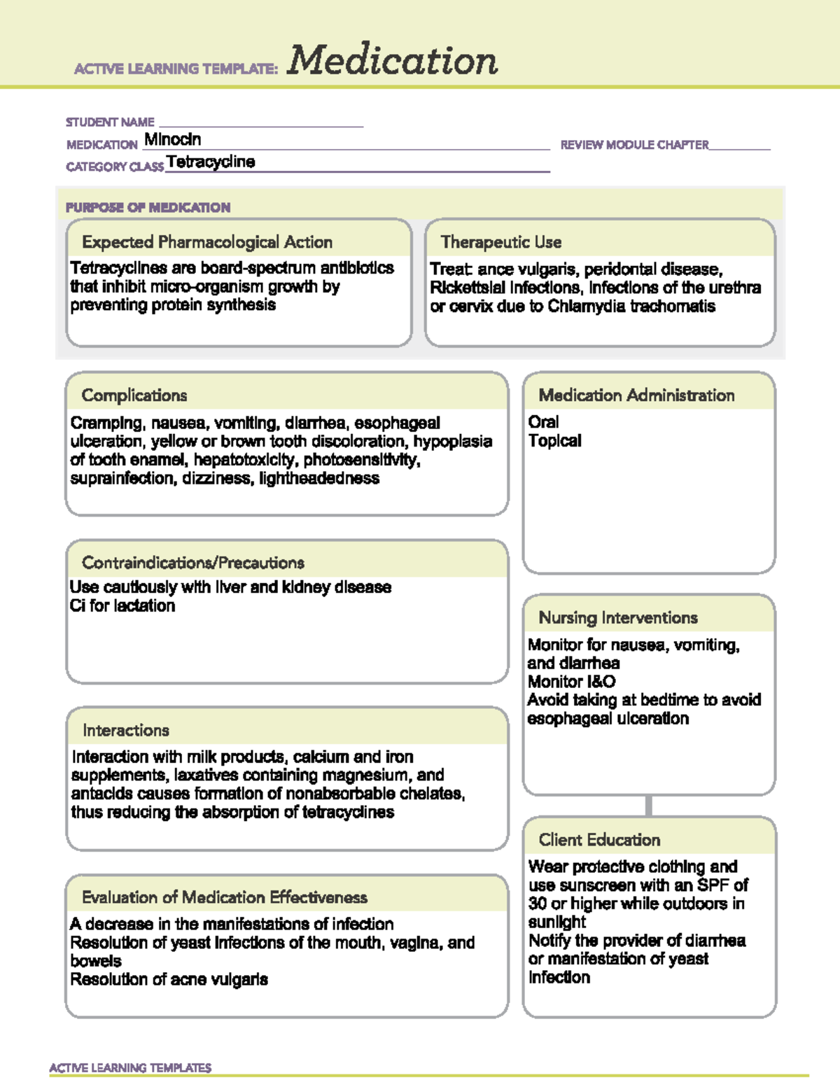 Minocin - Drug breakdown from the textbook - NURSE 252 - Studocu