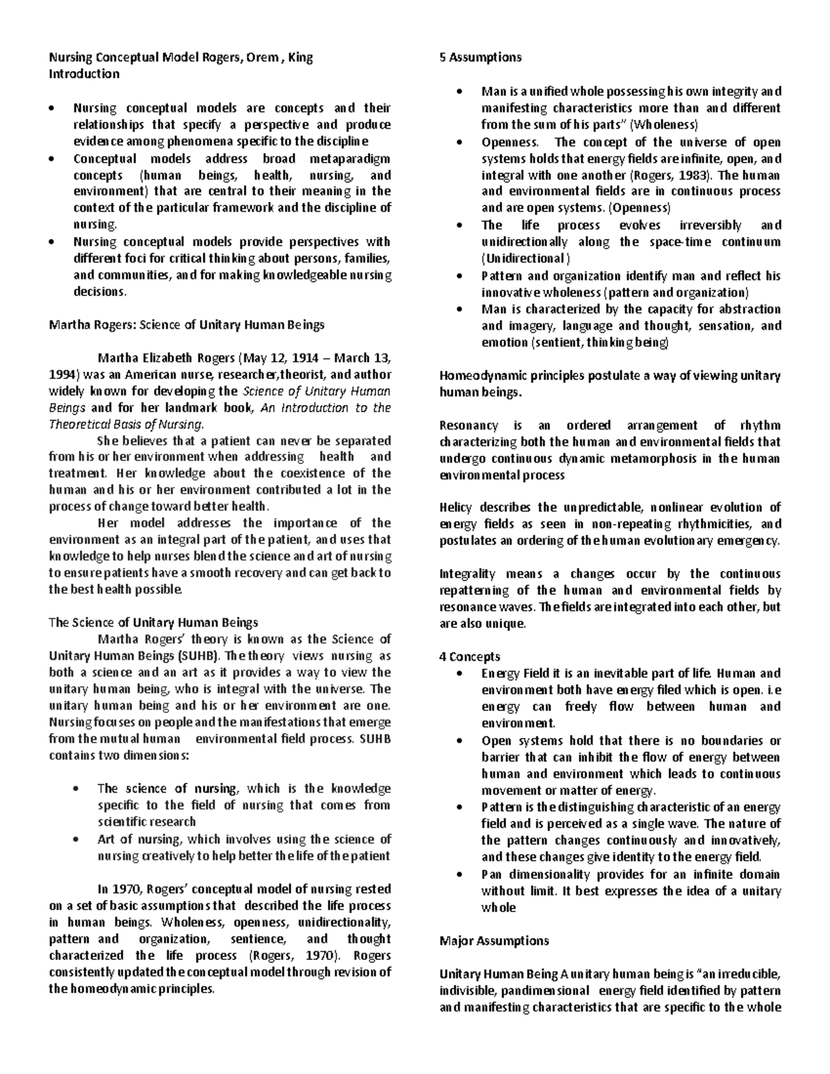 Week 7. Nursing Conceptual Model Roger, Orem - Nursing Conceptual Model ...