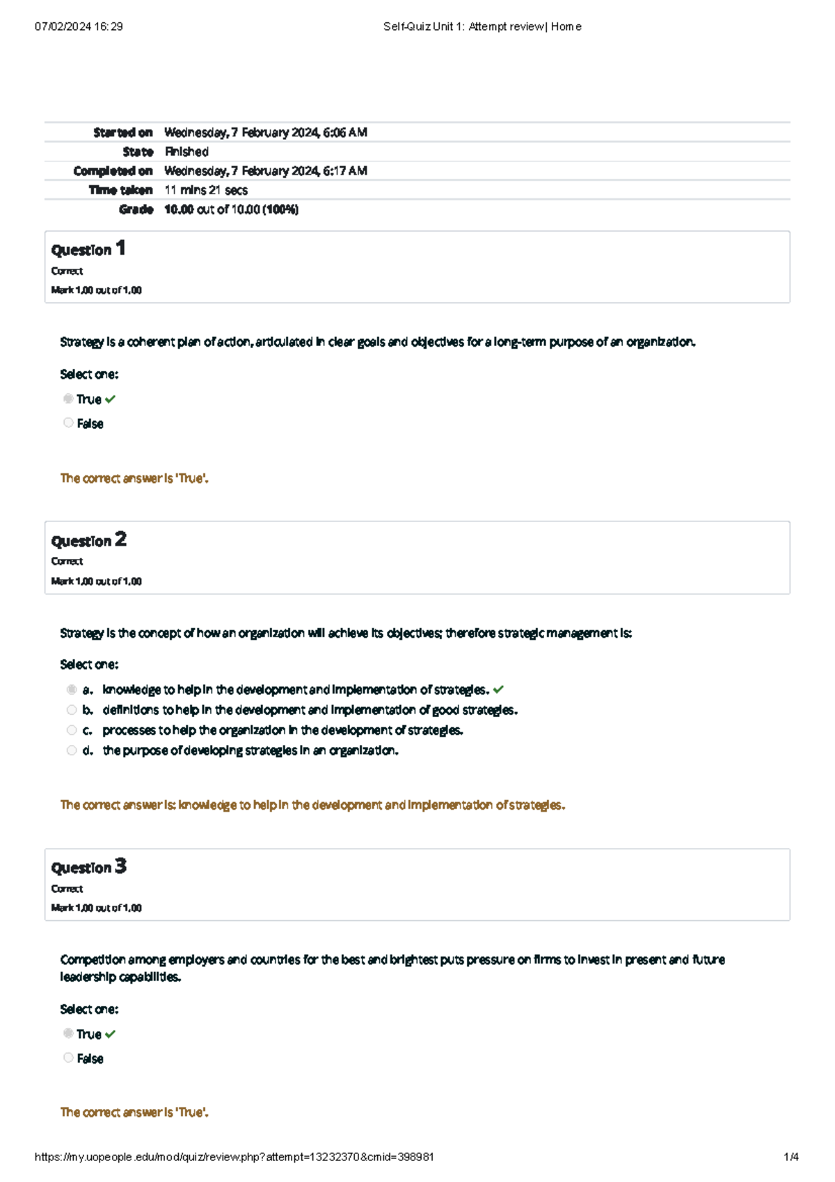 Self-Quiz Unit 1 Attempt review Bus1101 - Started on Wednesday, 7 February 2024, 6:06 AM State ...