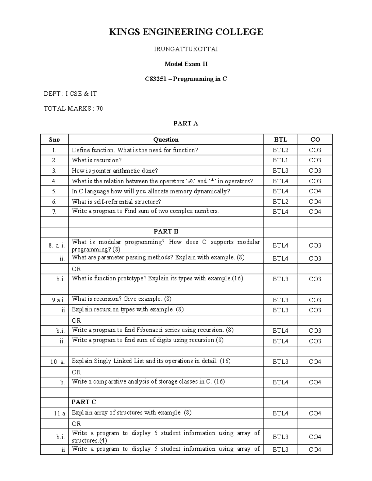 PIC QP - KINGS ENGINEERING COLLEGE IRUNGATTUKOTTAI Model Exam II CS3251 ...