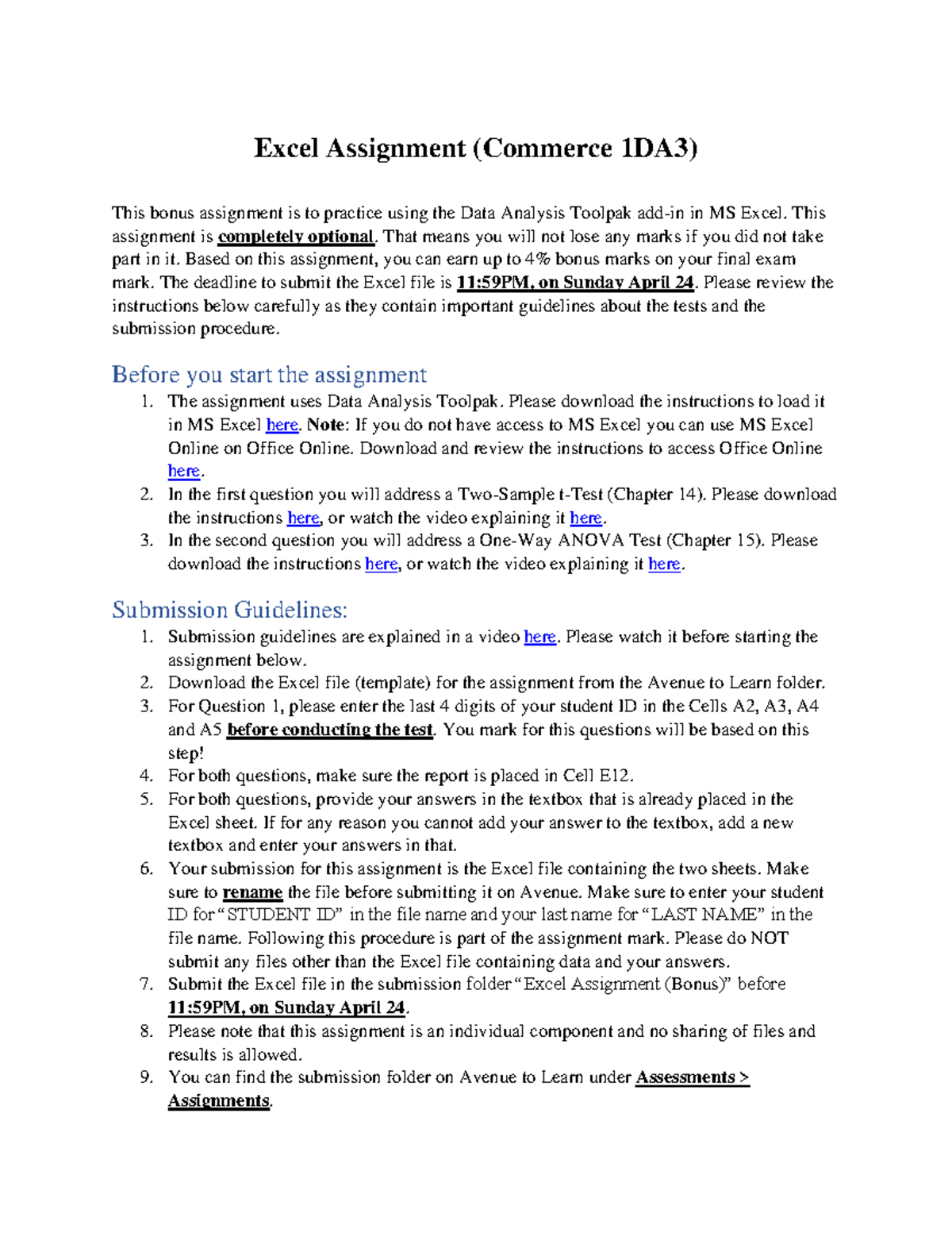 Questions and Submission Guidelines - Excel Assignment (Commerce 1DA3) This bonus assignment is ...