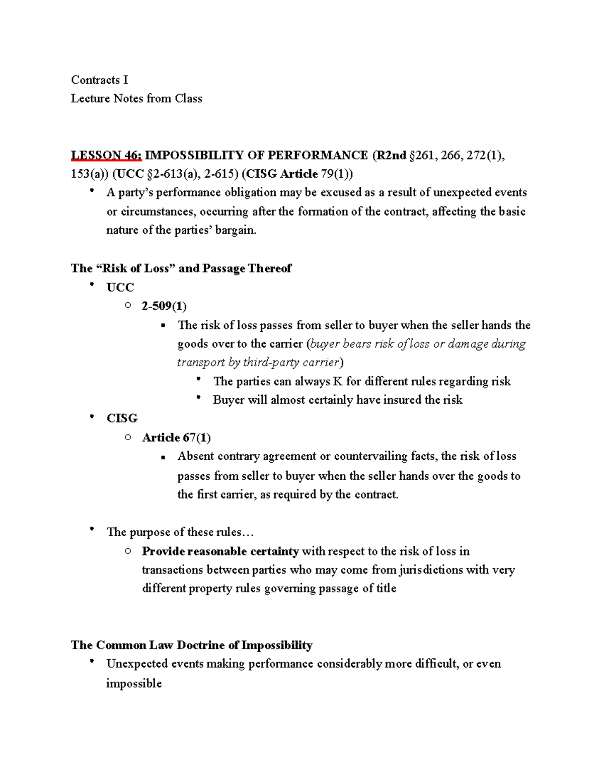 Lesson 46- Impossibility of Performance - Contracts I Lecture Notes ...