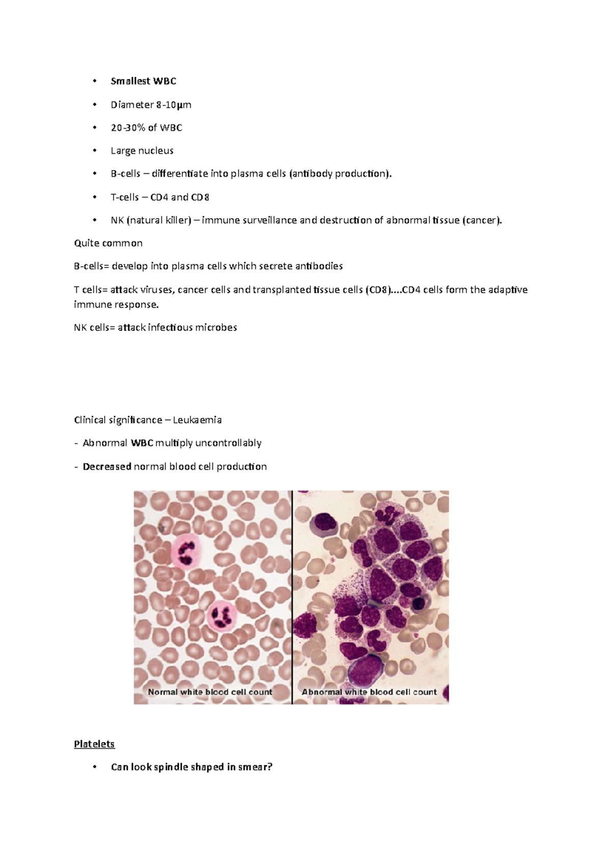 Bio Note 32 - Lecture notes 5-6 - Smallest WBC Diameter 8-10μm 20-30% ...