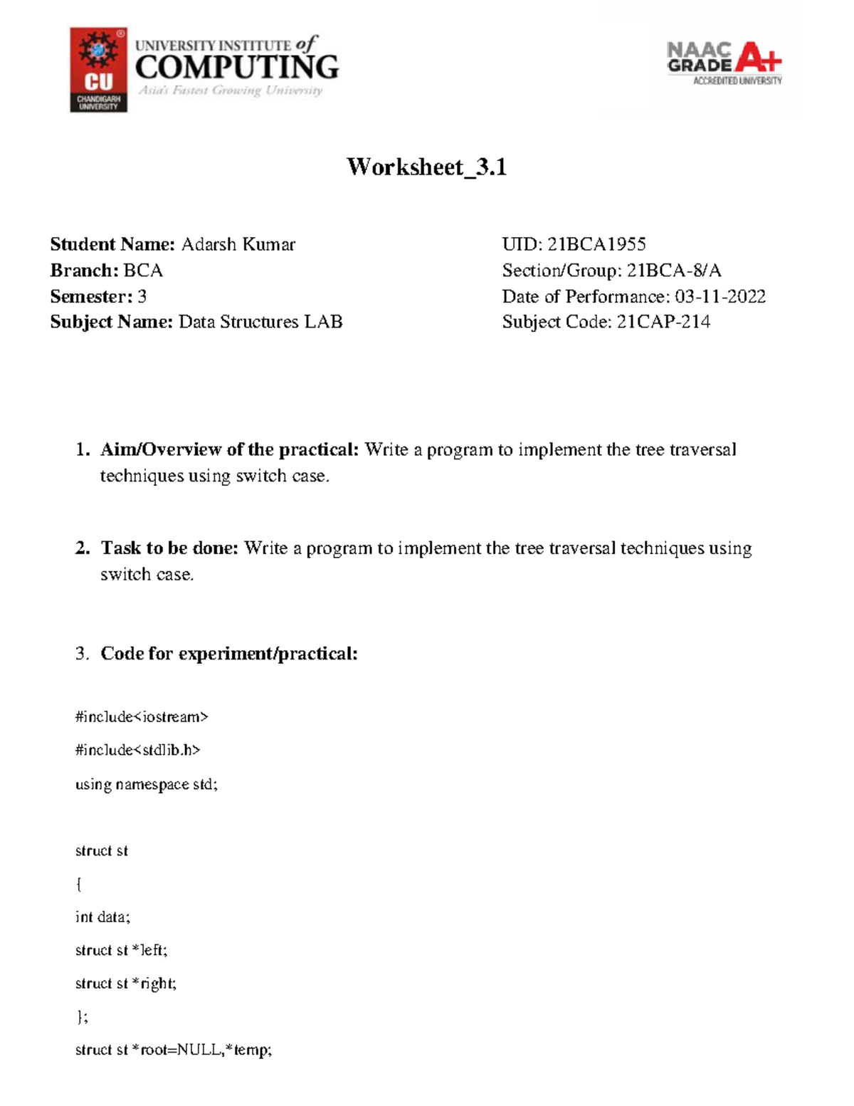 Worksheet 3.1 DS LAB 21BCA1955 - Worksheet_3. Student Name: Adarsh ...