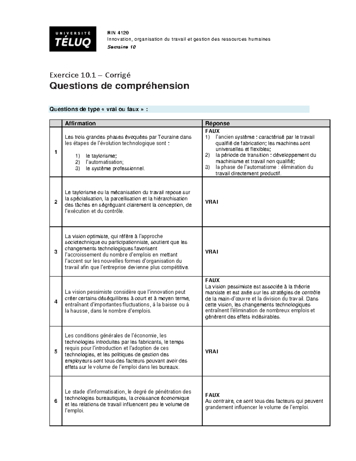 RIN4120 Exercice 10 - RIN 4120 Innovation, organisation du travail et gestion des ressources ...