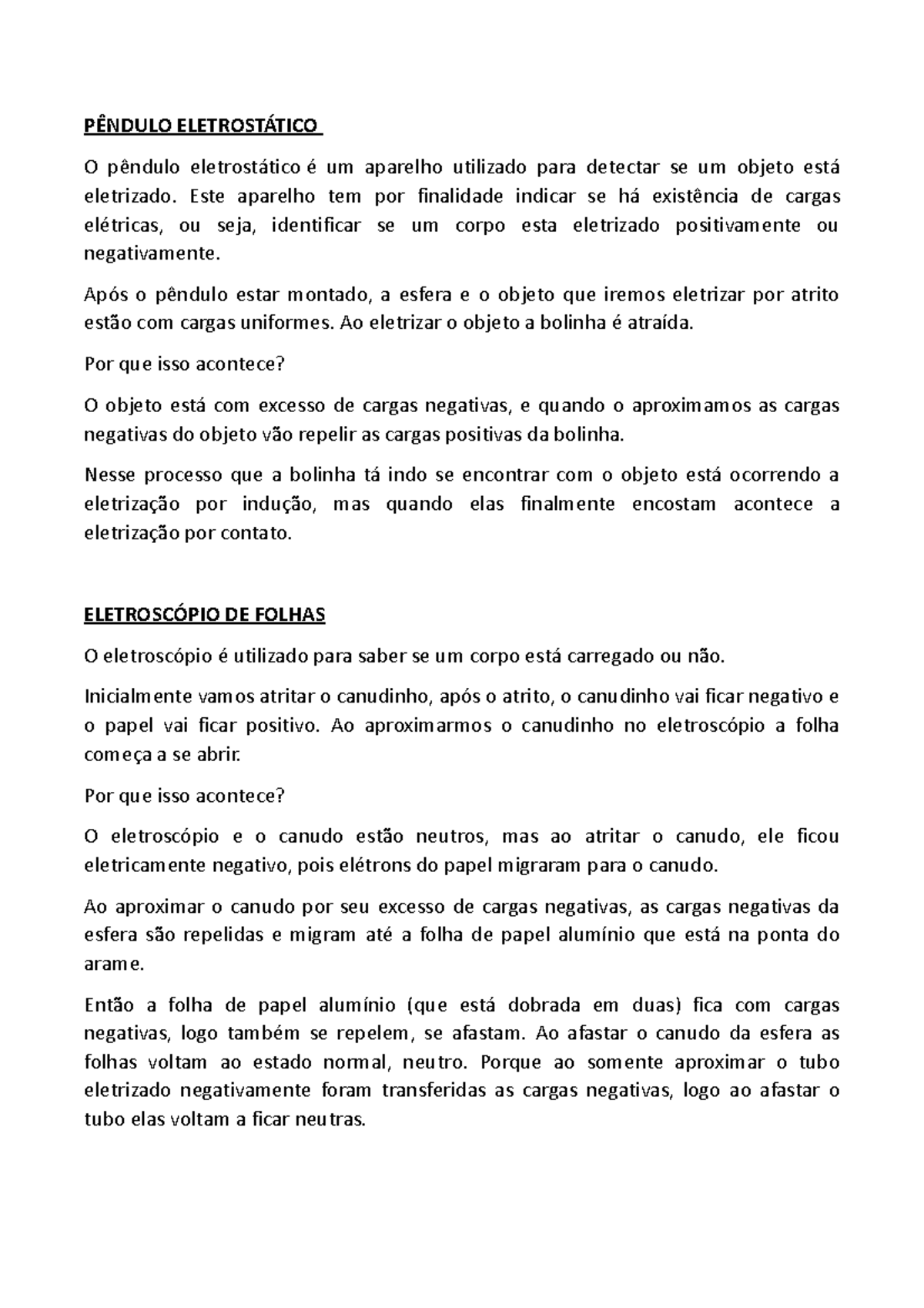 Experimento 4 - atividades - PÊNDULO ELETROSTÁTICO O pêndulo ...