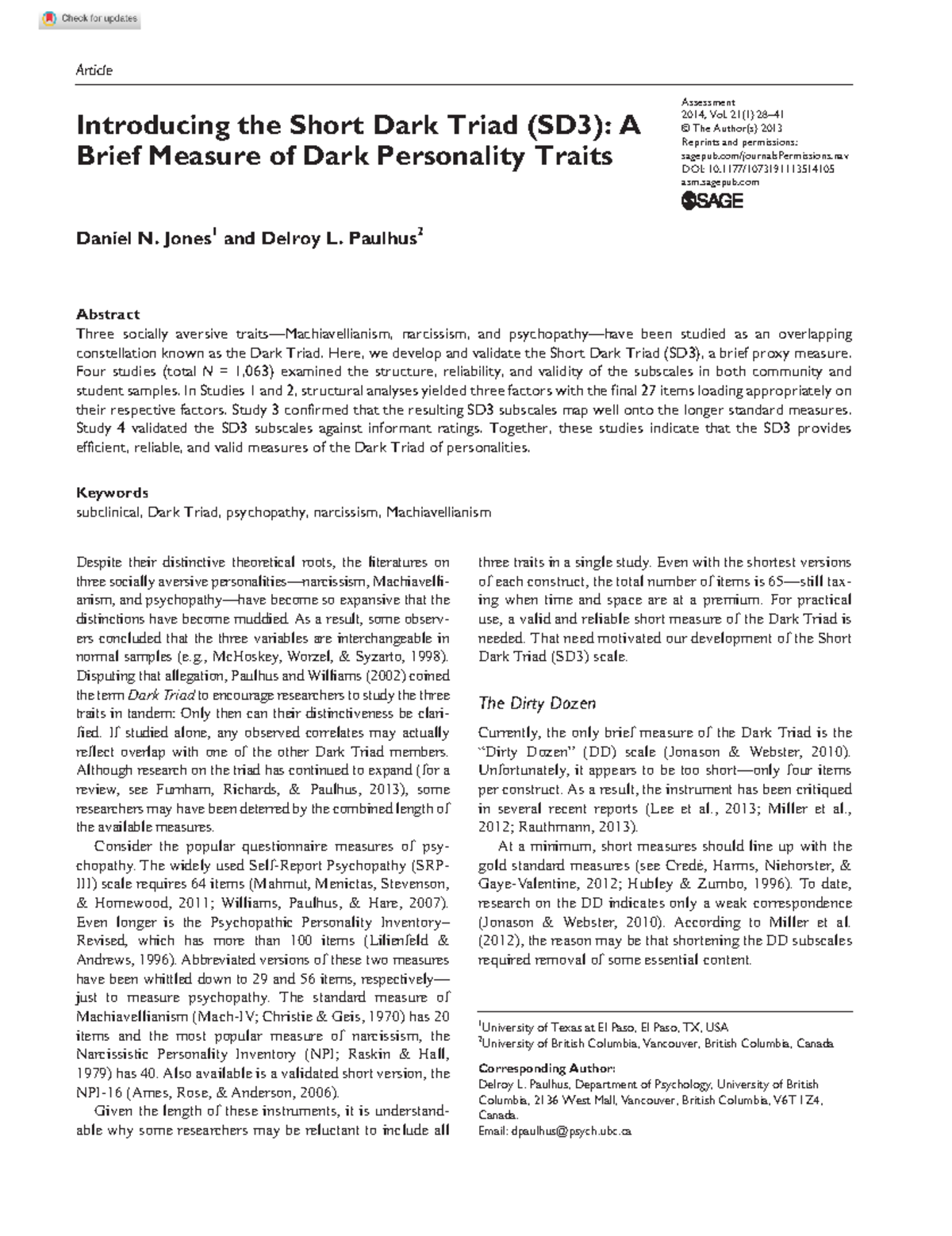 1073191113514105 - Intriducing the short dark triad - Assessment 2014 ...