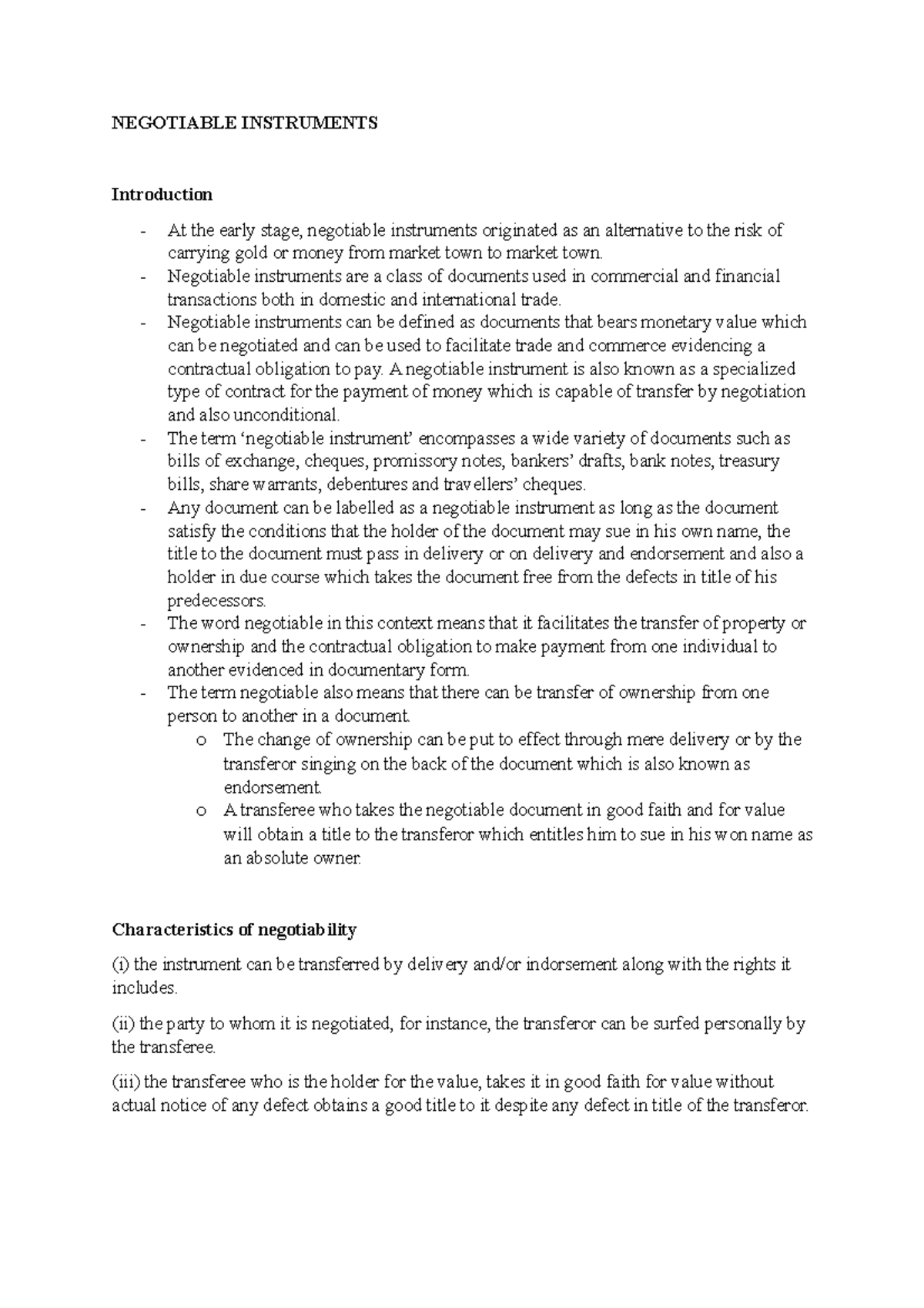 Topic 5 - Negotiable Instrument - NEGOTIABLE INSTRUMENTS Introduction ...