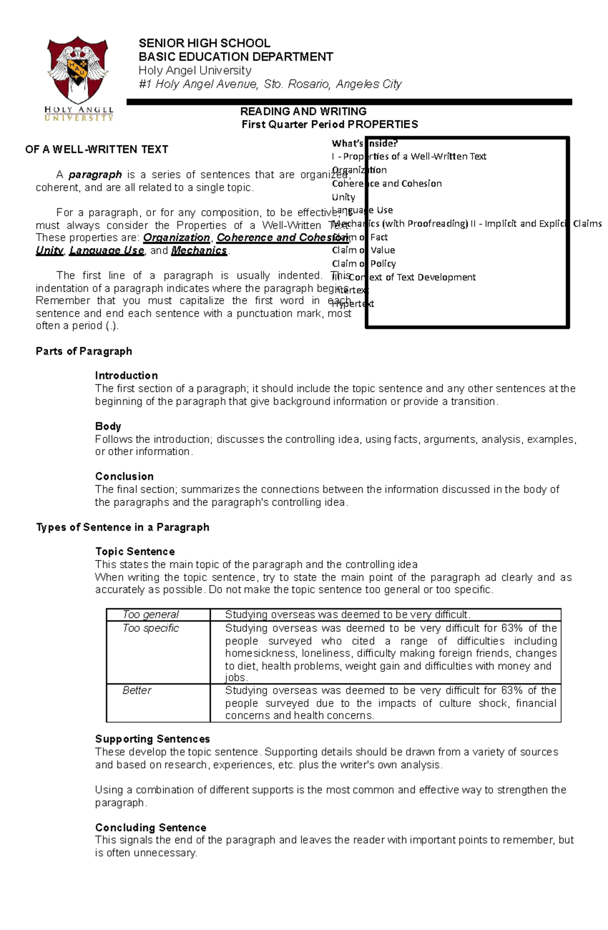 Reading AND Writing First Quarter Period - What’s Inside? I ...
