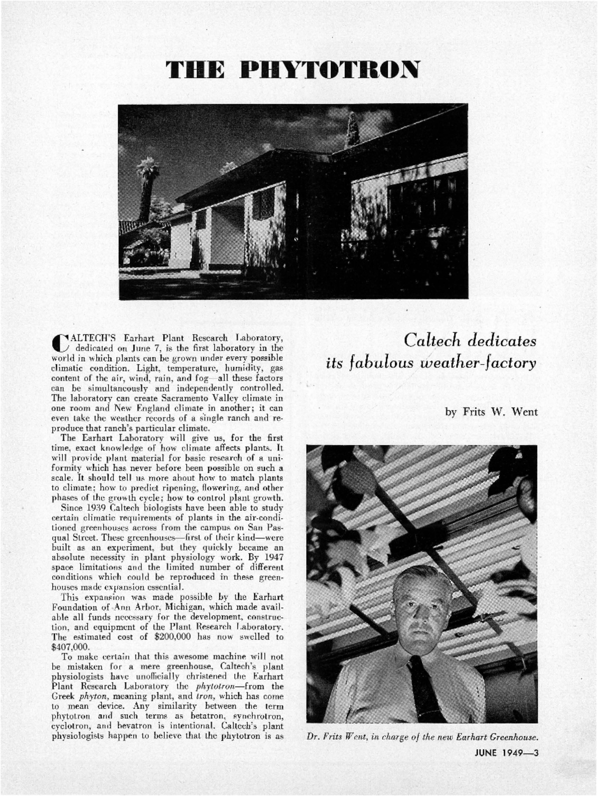 Phytotron 1949 - Sommersemester - THE PHYTOTRON .-.. ALTECH'S Earhart ...