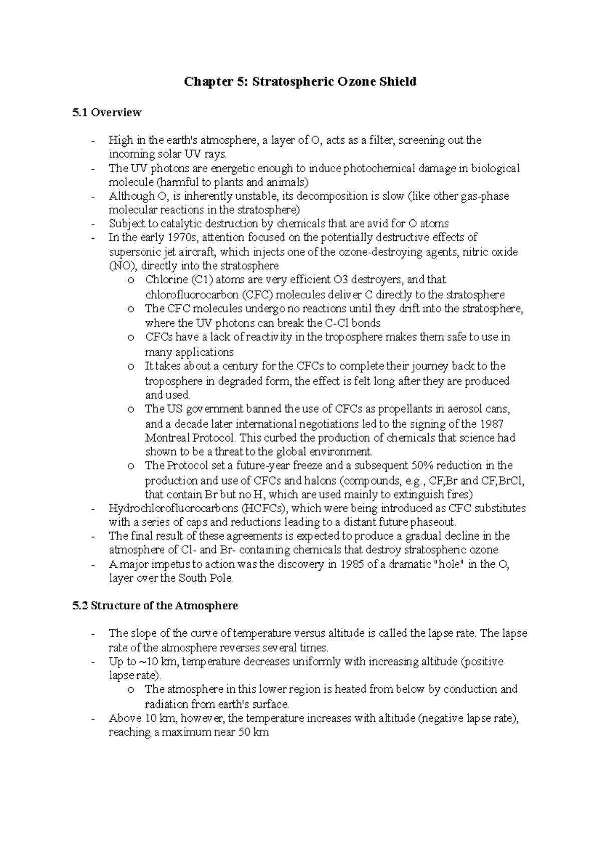 ENVS 274 Chapter 5 notes - Chapter 5: Stratospheric Ozone Shield 5 ...