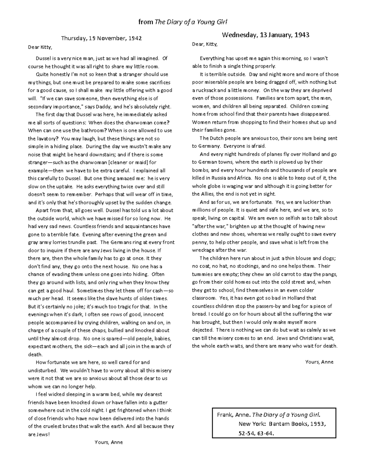 Anne Frank Diary Excerpt - Thursday, 19 November, 1942 Dear Kitty ...