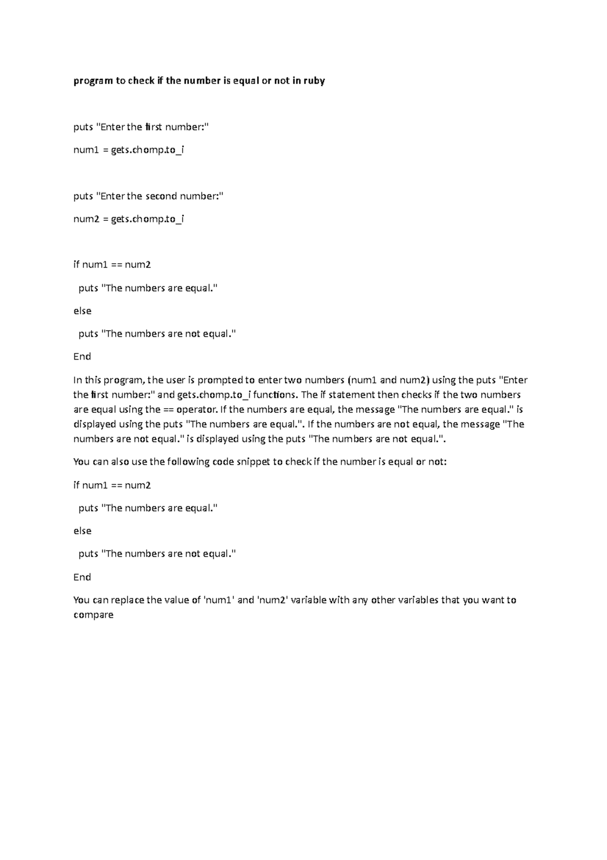 Ruby equal - program to check if the number is equal or not in ruby ...