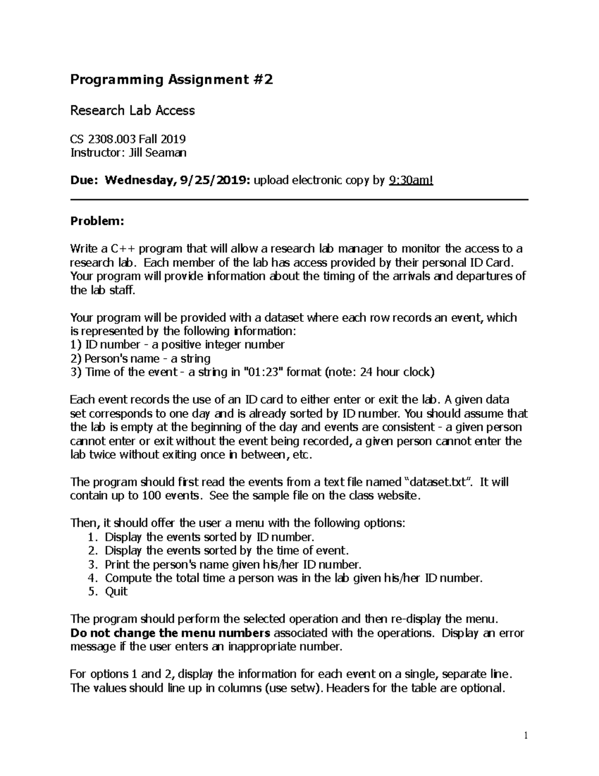 Assign 2 - Programming Assignment Research Lab Access CS 2308 Fall 2019 Instructor: Jill Seaman ...