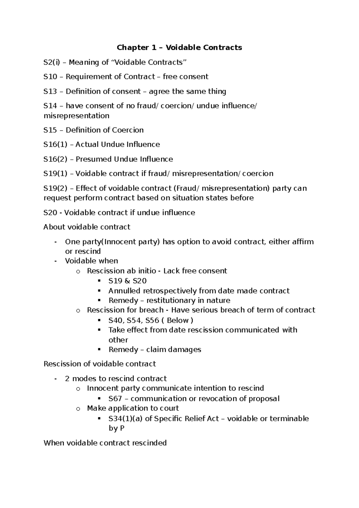 Chapter 1 Notes - Chapter 1 – Voidable Contracts S2(i) – Meaning of ...