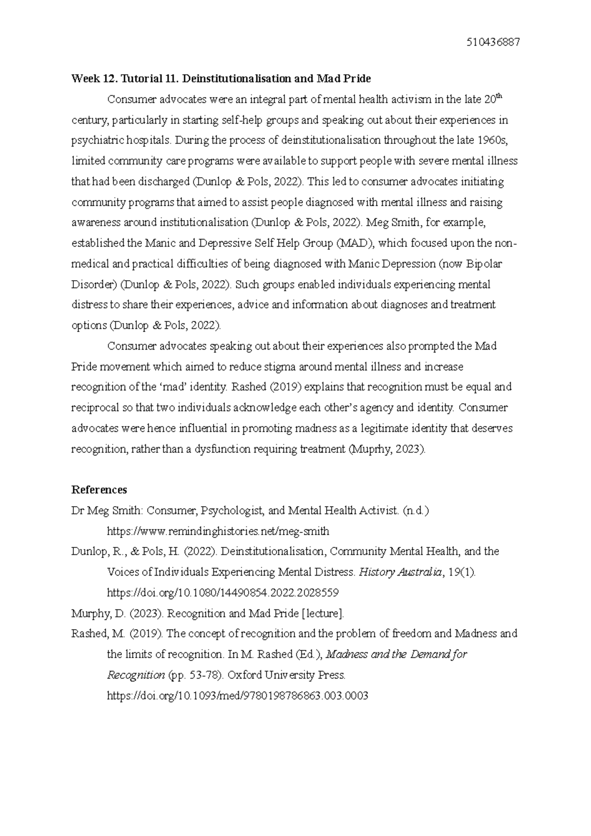 W12 Tutorial Assignment - 510436887 Week 12. Tutorial 11 ...