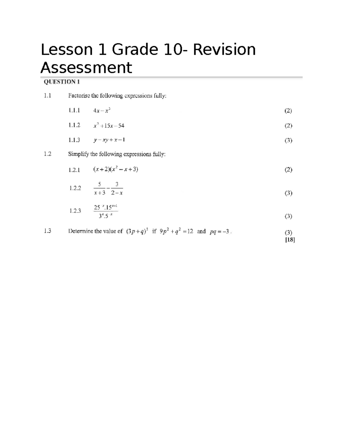 Lesson 1 Grade 10 Revision - Lesson 1 Grade 10- Revision Assessment ...