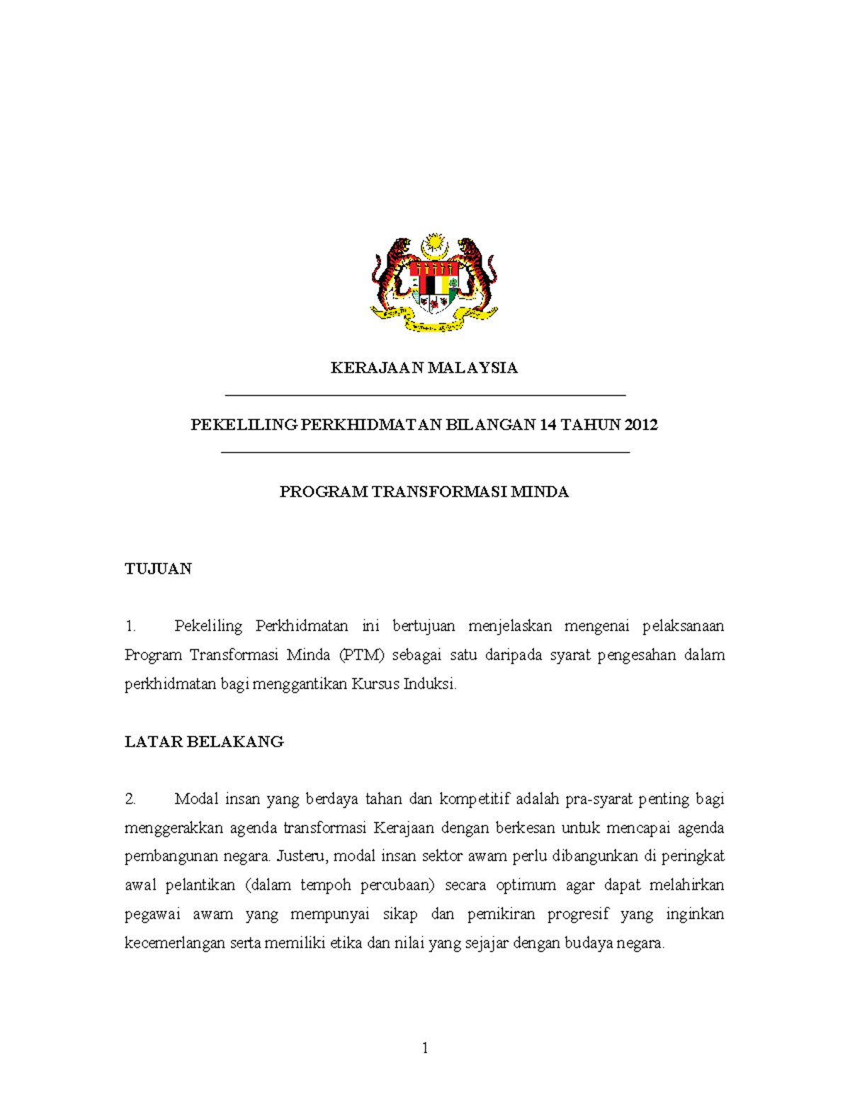 Pekeliling Program Transformasi Minda 2012 - 1 KERAJAAN MALAYSIA - Studocu