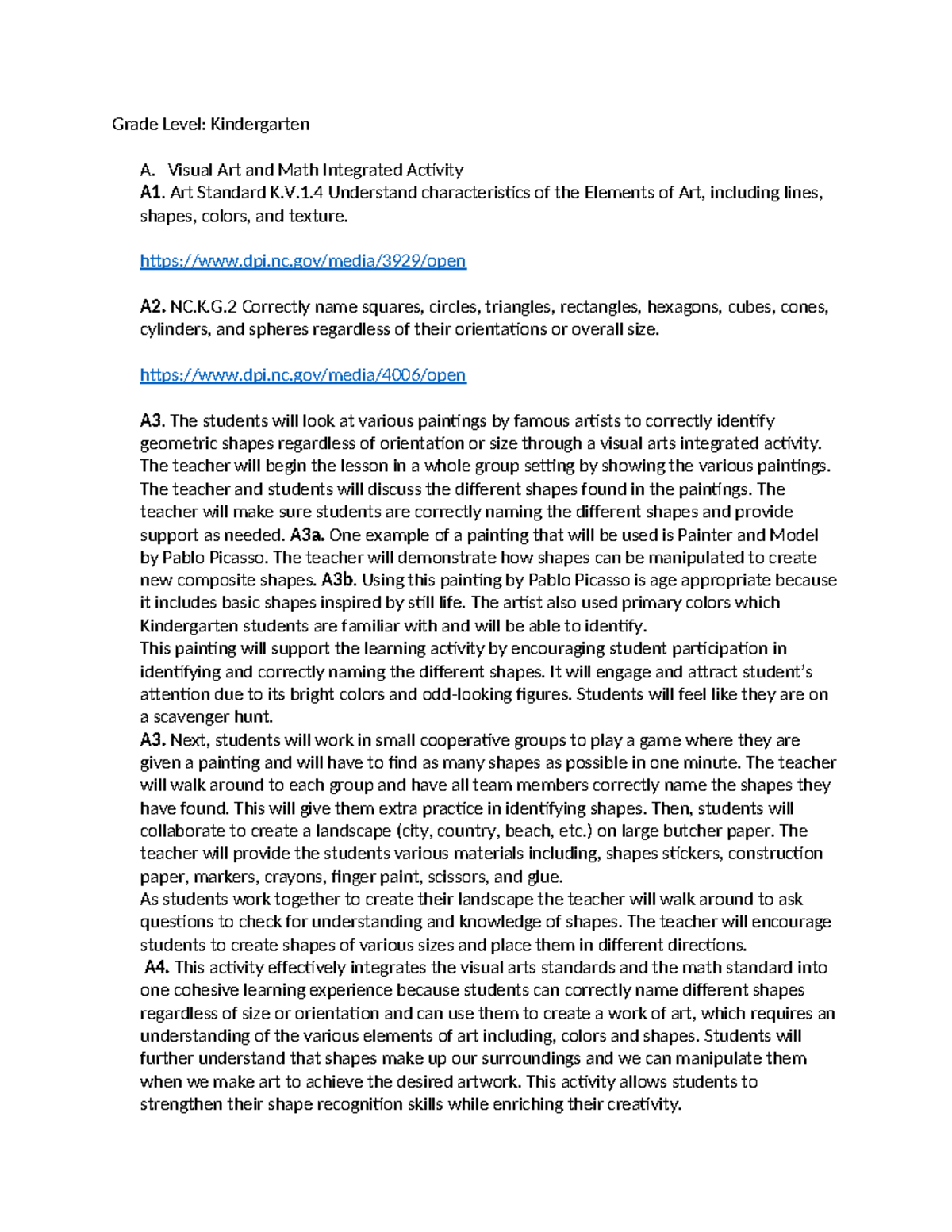 Elementary Visual and Performing Arts C105 Task1 - Grade Level ...