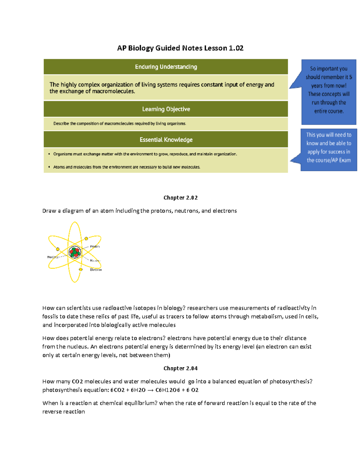 AP BIO 1.02 Guided Notes - AP Biology Guided Notes Lesson 1. Chapter 2 ...