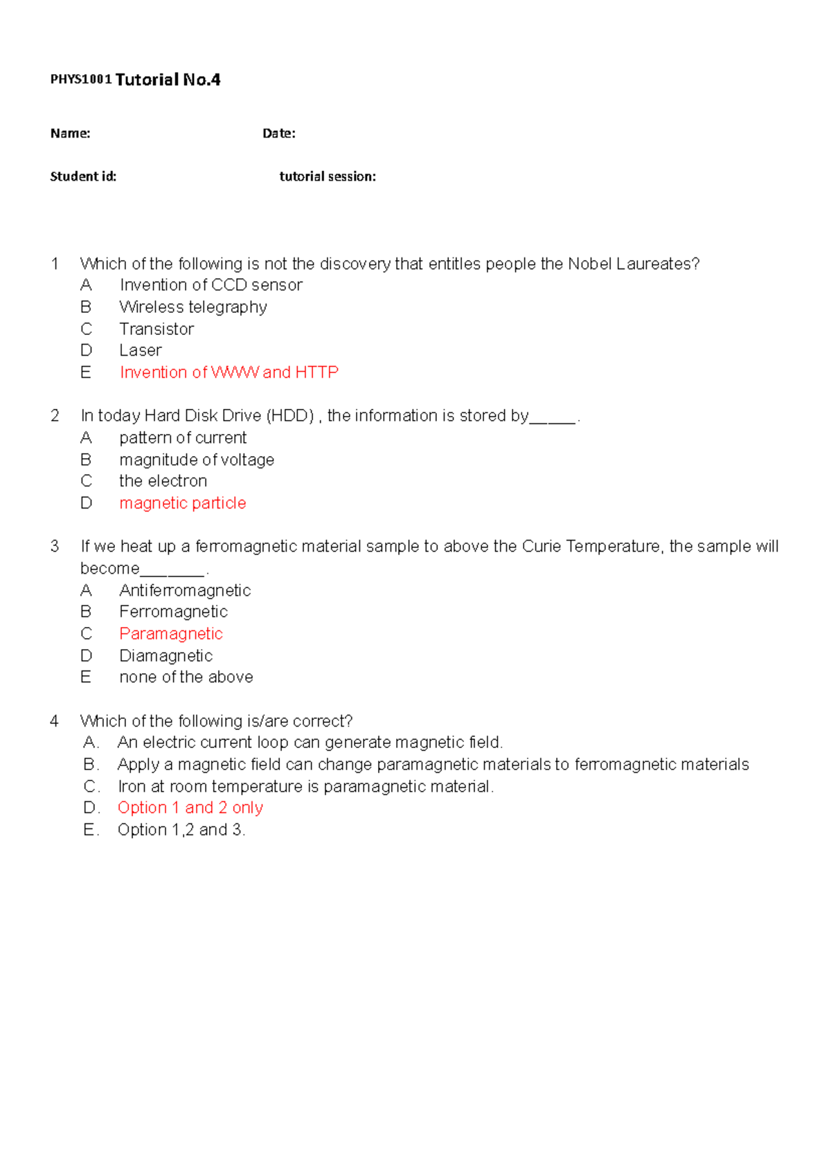 21Spring tut04 ans - Tutorial 4 exercise - PHYS1001 Tutorial No. Name: Date: Student id ...