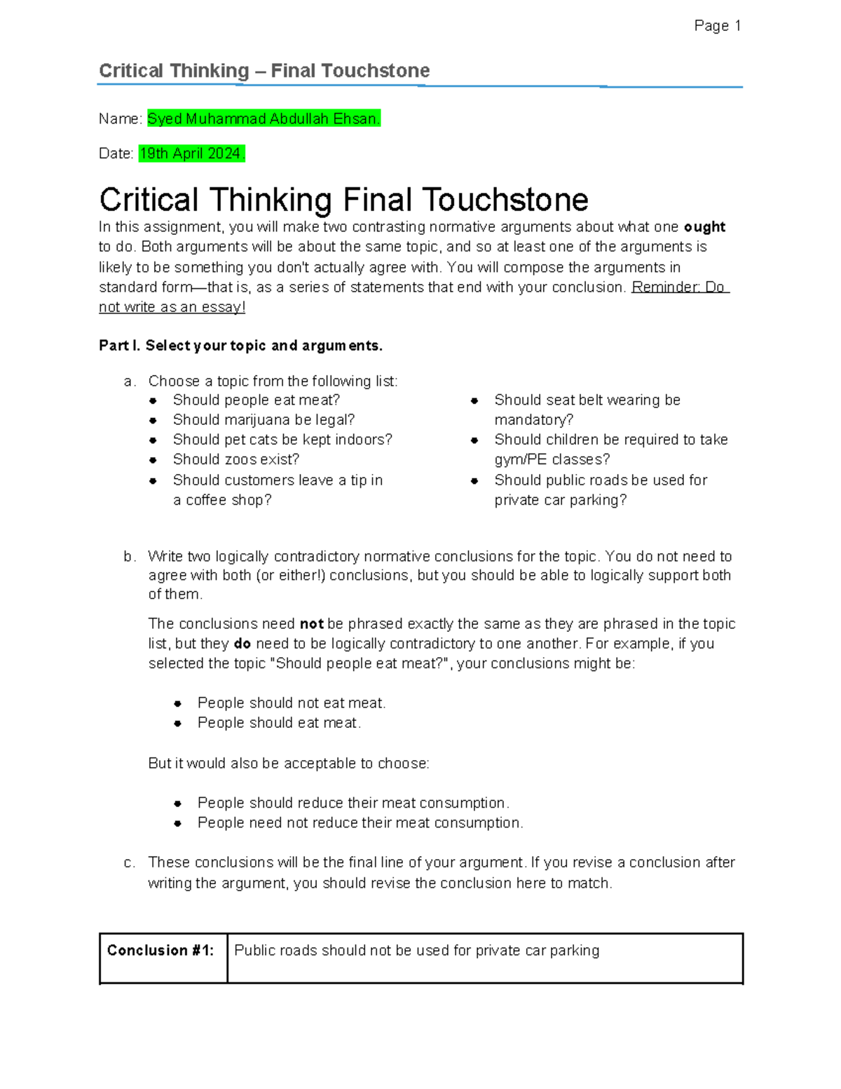 Critical Thinking Touchstone 4 Template - Critical Thinking – Final ...