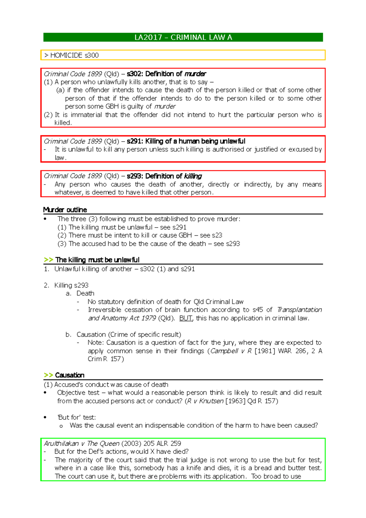 LA2017 Crim Exam Notes - LA2017 – CRIMINAL LAW A > HOMICIDE s Criminal ...