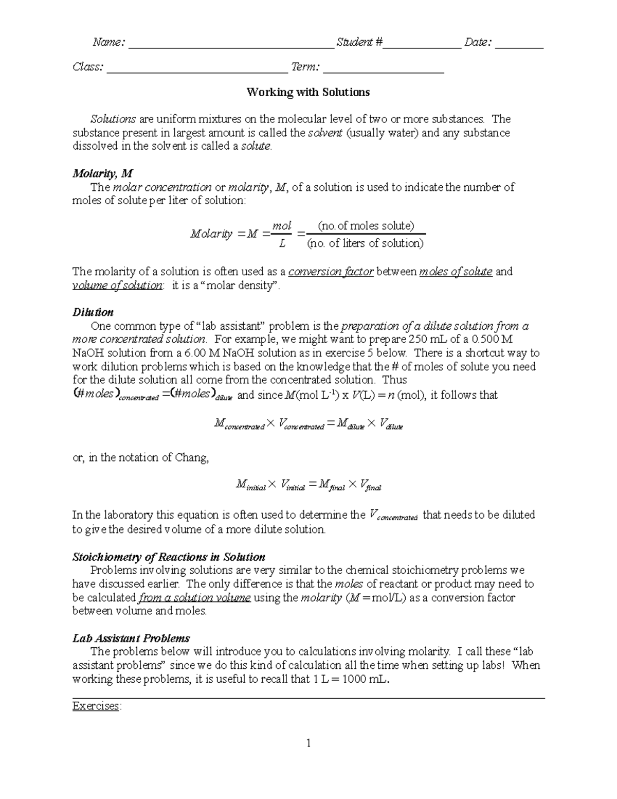 Solutions - worksheets for general chemistry class. - Class