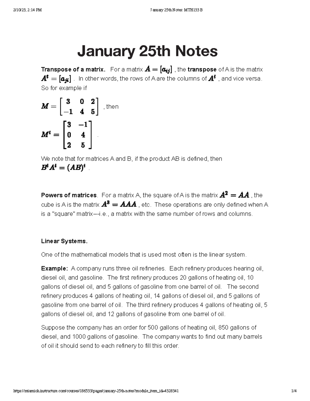 January 25th Notes - January 25th Notes Transpose of a matrix. For a ...