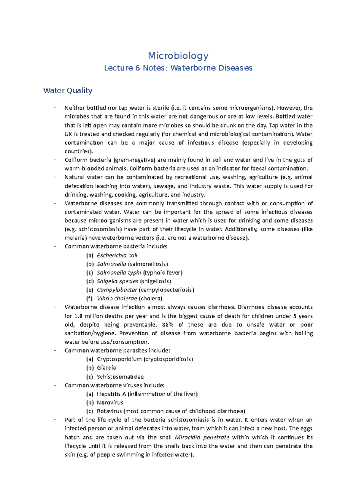 Lecture 6 Notes (Waterborne Diseases) - Microbiology Lecture 6 Notes ...