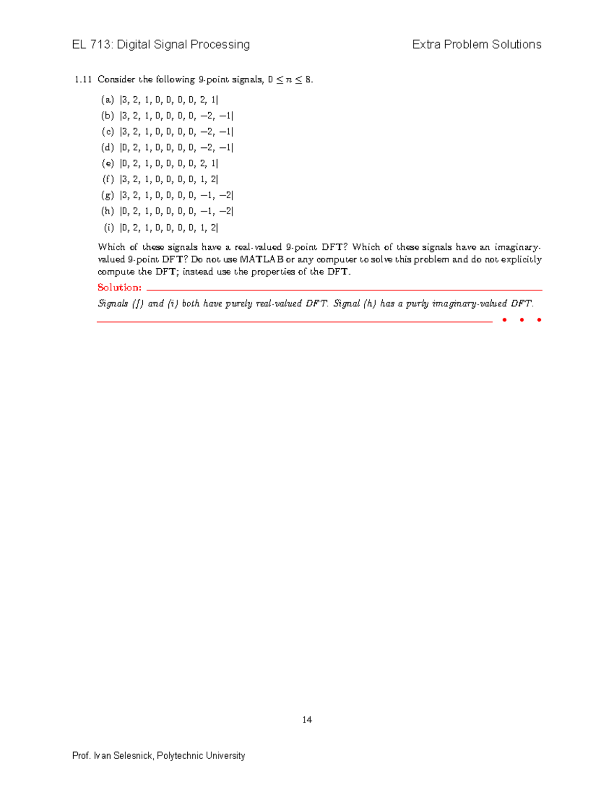 Extra Problems Solutions - 1 Consider the following 9-point signals, 0 ...