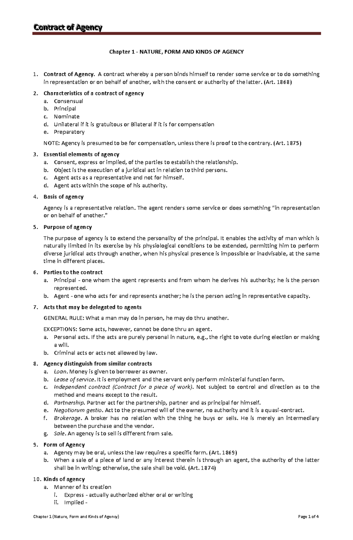 9. Nature, Form and Kinds of Agency - Chapter 1 - NATURE, FORM AND ...