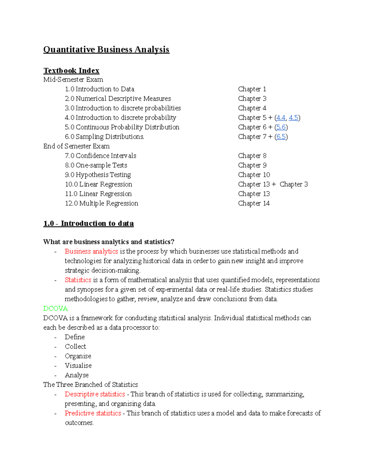 BUSS 1020 Notes - Quantitative Business Analysis Textbook Index Mid ...
