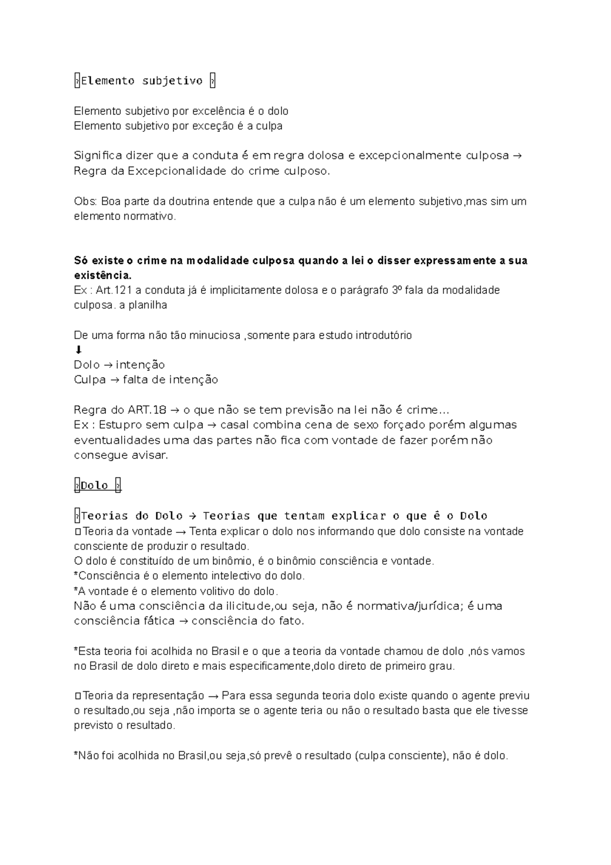 Penal 2 - DOLO - Anotações de aula 8 - ⭕Elemento subjetivo ⭕ Elemento ...