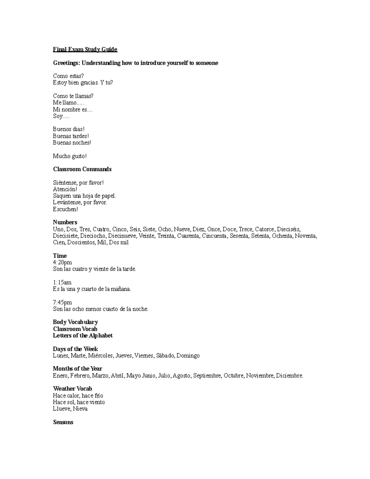 Spanish 1 Final Exam Study Guide - Final Exam Study Guide Greetings ...