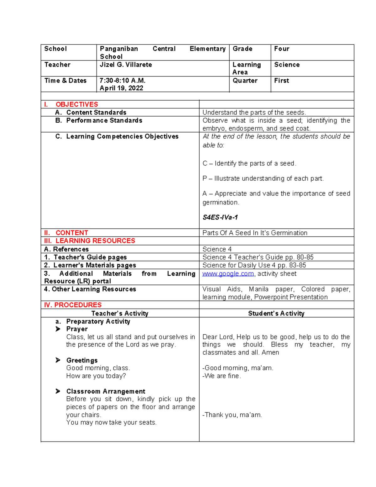 Lesson plan in science - School Panganiban Central Elementary School ...