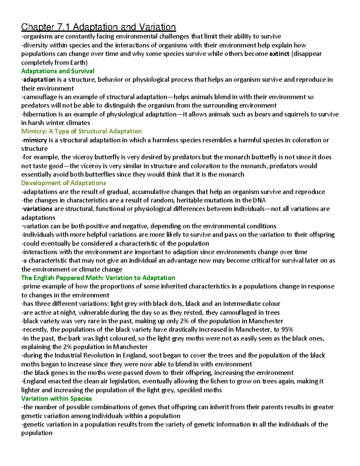 97643679 Bio Chapter 7 Notes Grade 11 - Chapter 7 Adaptation and ...