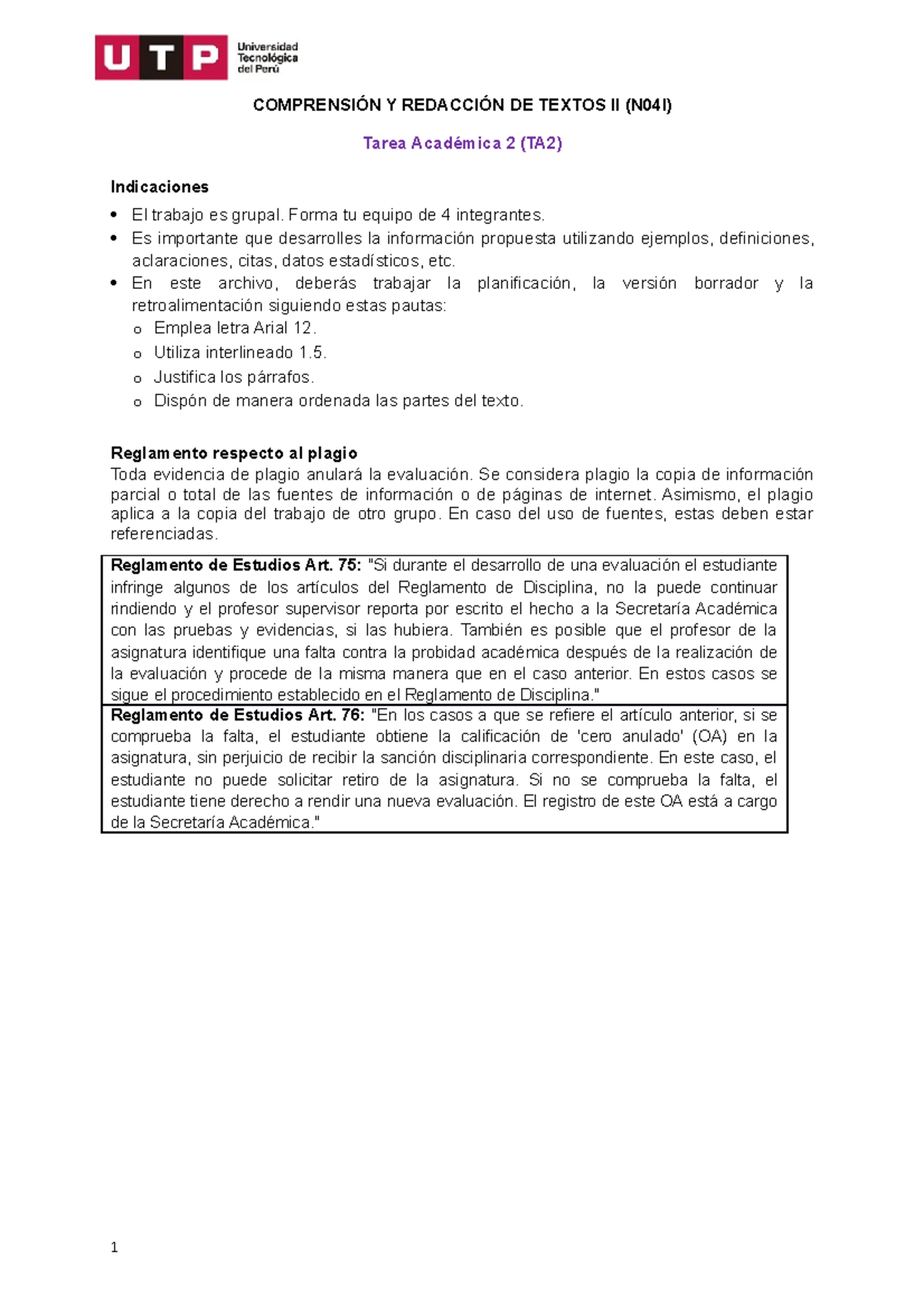 S11. s2- version borrador TA2 - COMPRENSIÓN Y REDACCIÓN DE TEXTOS II (N04I) Tarea Académica 2 ...
