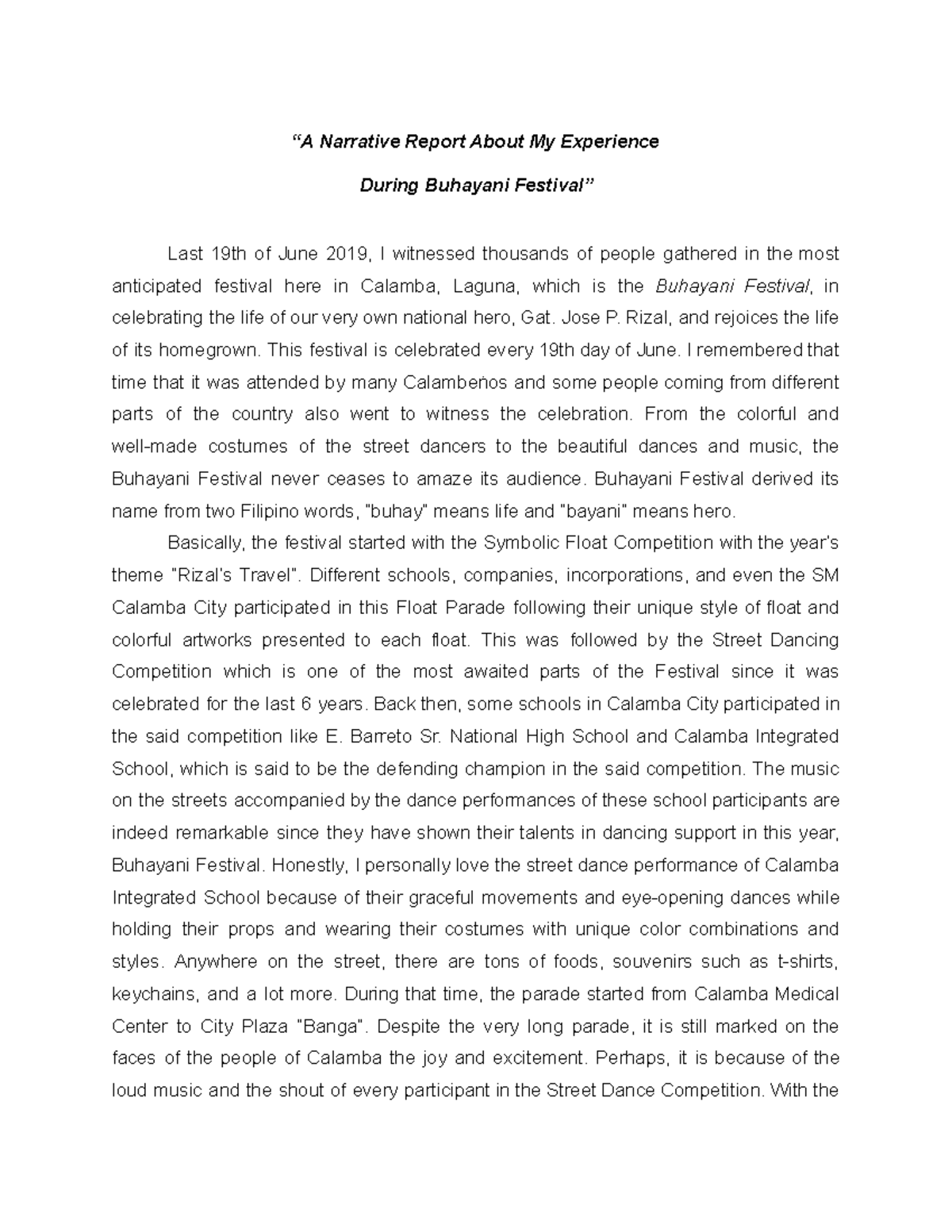 “A Narrative Report About My Experience