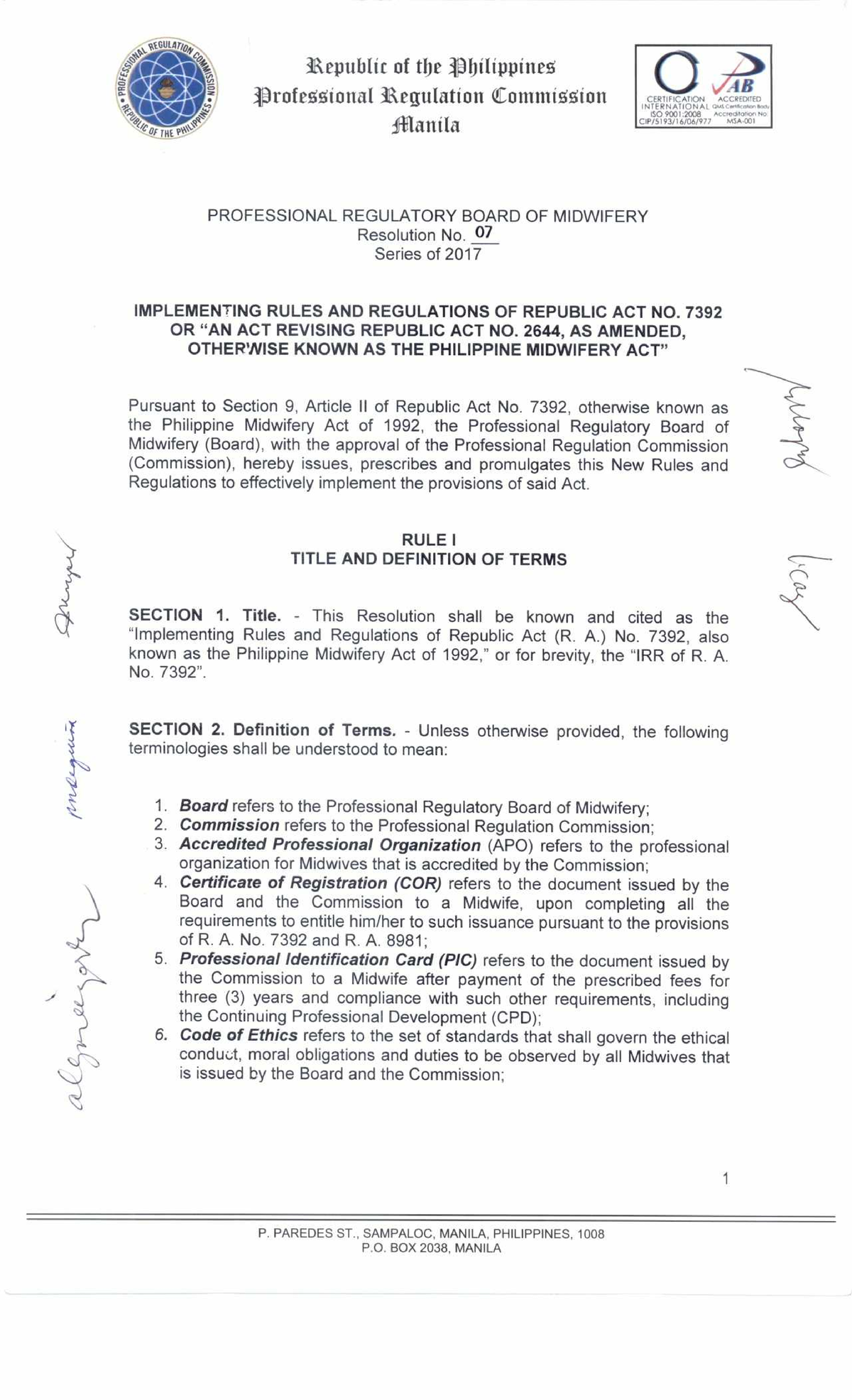 IRR - MIdwifery - Irr - REGULATION SECURITY Republic of the Philippines ...