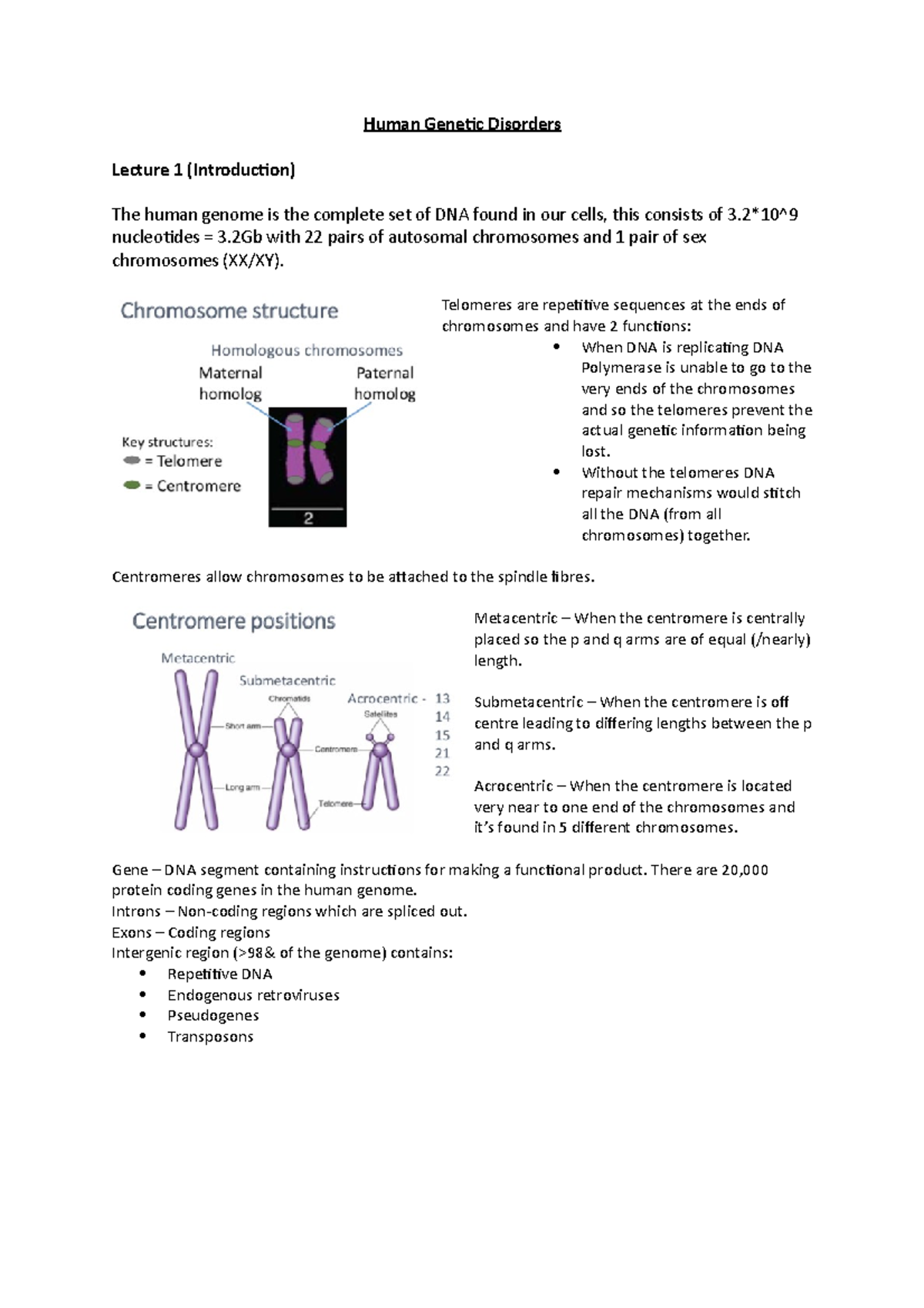 Human Genetic Disorders Notes - Human Geneic Disorders Lecture 1 ...