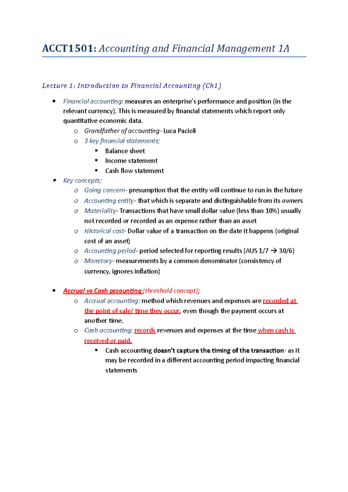 ACCT1501 Notes - ACCT1501: Accounting and Financial Management 1A ...