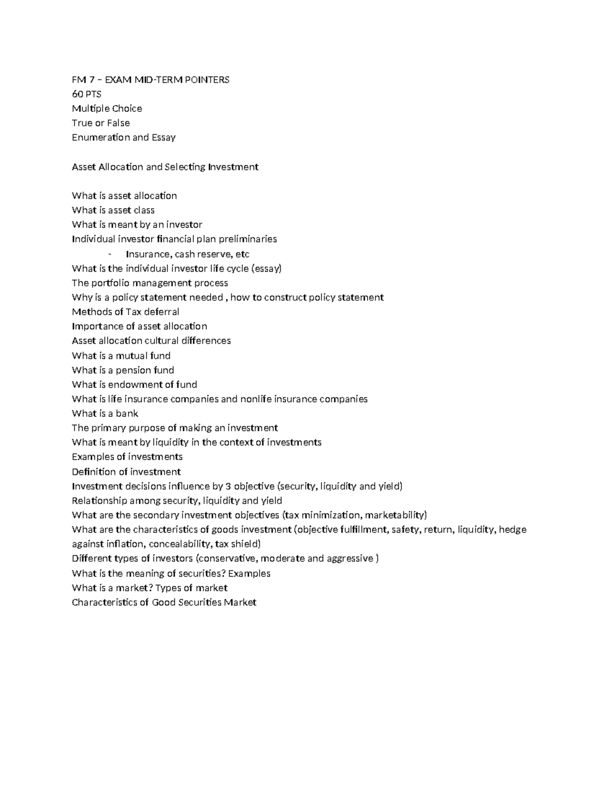 FM 7 - midterm review - FM 7 – EXAM MID-TERM POINTERS 60 PTS Multiple ...