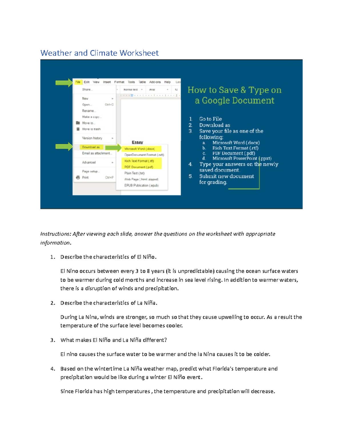Copy of 3.05 Weather and Climate Worksheet - Weather and Climate ...