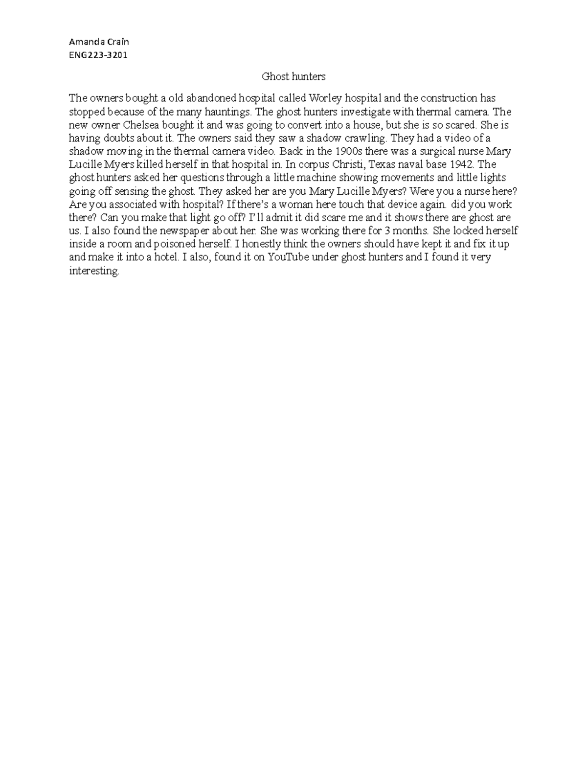 Ghost tv show - coursework - Amanda Crain ENG223- Ghost hunters The ...